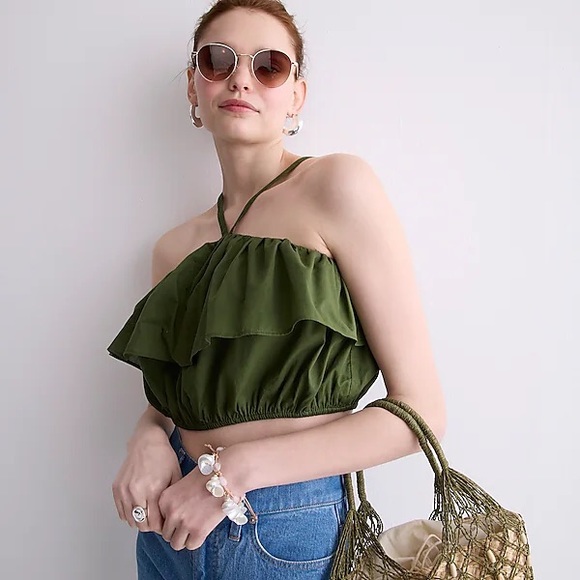 J. Crew | Tops | J Crew Boho Ruffle Cropped Halter Top Deep Seaweed Nwt ...